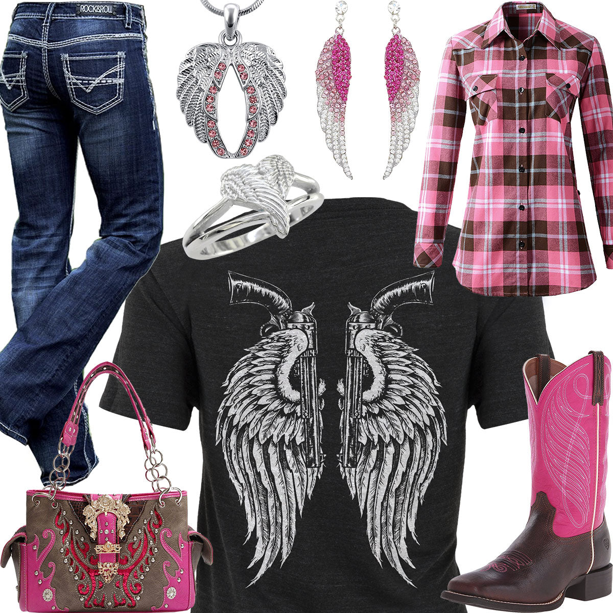 Angel Wings & Revolvers Pink Plaid Button-Up Outfit – Clover + Cotton Co